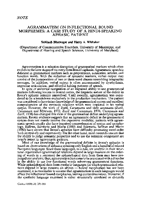 (PDF) Agrammatism on Inflectional Bound Morphemes: A Case Study of a ...