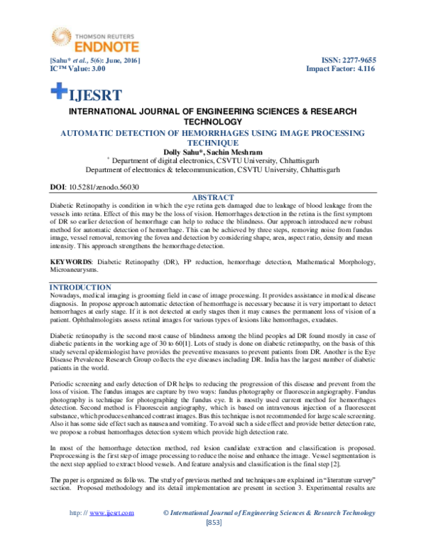 Pdf Automatic Detection Of Hemorrhages Using Image Processing Technique
