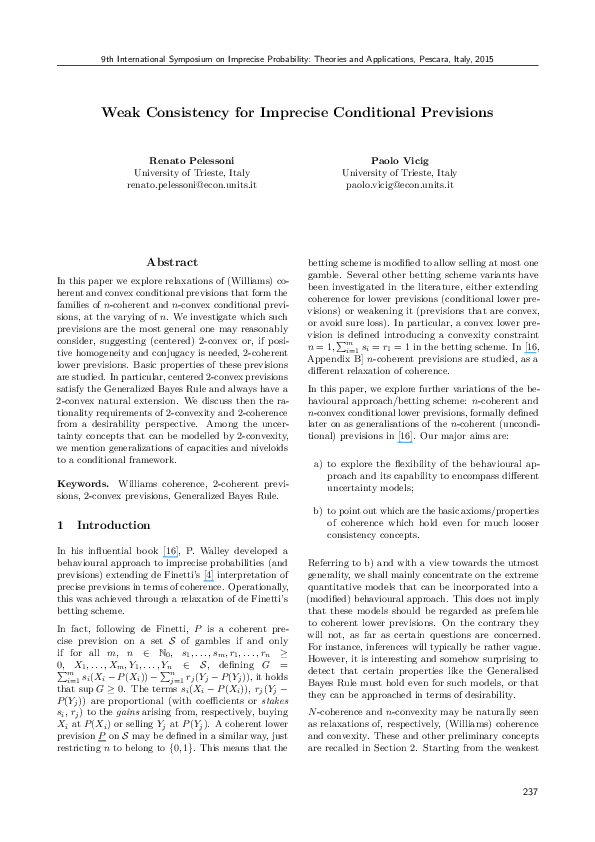 (PDF) Weak Consistency for Imprecise Conditional Previsions