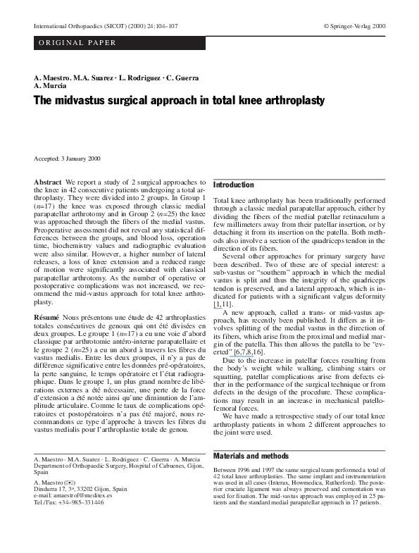 (PDF) The midvastus surgical approach in total knee arthroplasty ...