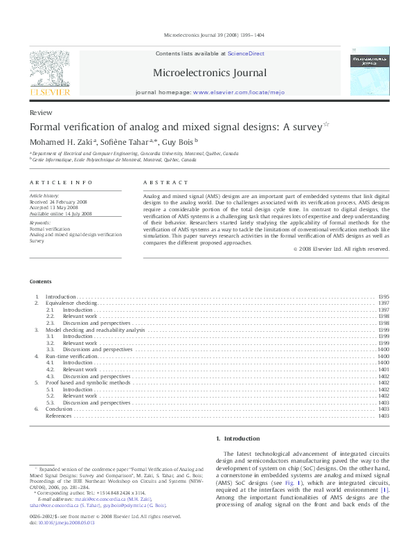 (PDF) Formal verification of analog and mixed signal designs: A survey