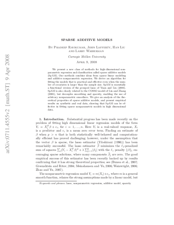 Pdf Sparse Additive Models