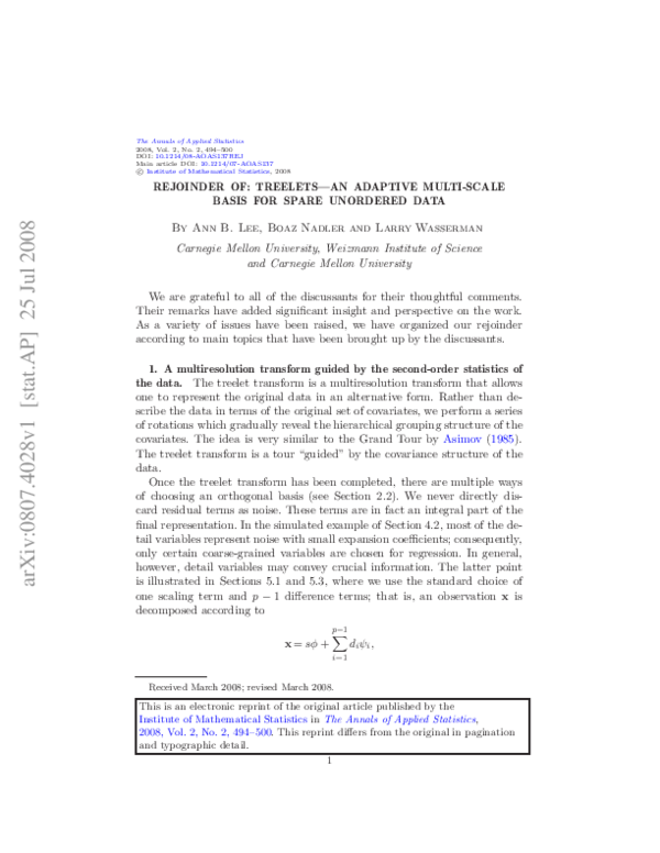 Pdf Rejoinder Of Treelets—an Adaptive Multi Scale Basis For Spare Unordered Data Larry
