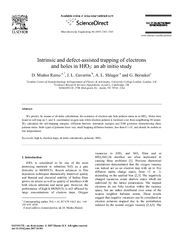 (PDF) Intrinsic and defect-assisted trapping of electrons and holes in HfO2: an ab initio study