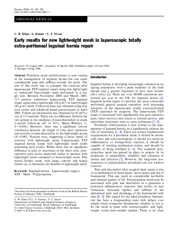 (PDF) Early results for new lightweight mesh in laparoscopic totally ...