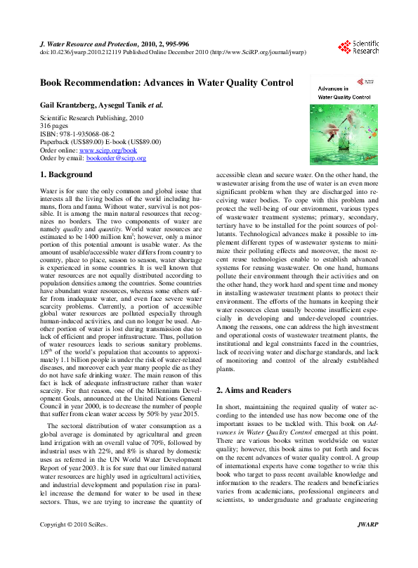 (PDF) Book Recommendation: Advances in Water Quality Control | Gail ...