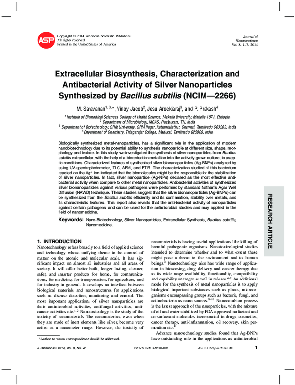 (PDF) Extracellular Biosynthesis, Characterization and Antibacterial Activity of Silver ...