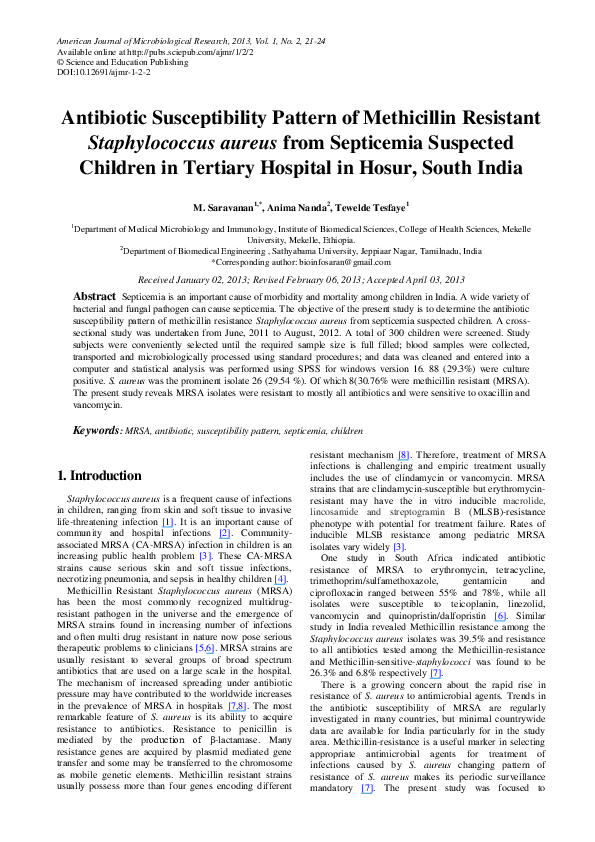 (PDF) Antibiotic Susceptibility Pattern of Methicillin Resistant Staphylococcus a ureus from ...