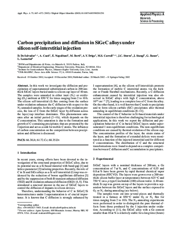 (PDF) Carbon precipitation and diffusion in SiGeC alloys under silicon ...