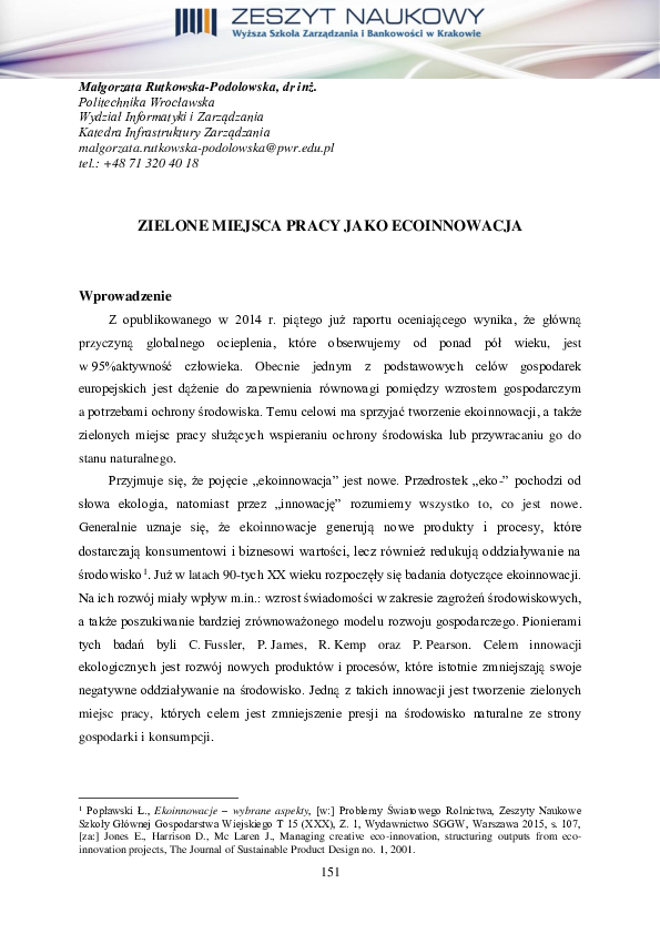 (PDF) Zielone miejsca pracy jako ecoinnowacja