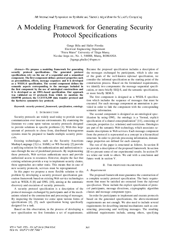 (PDF) A Modeling Framework for Generating Security Protocol Specifications | Iosif Ignat ...