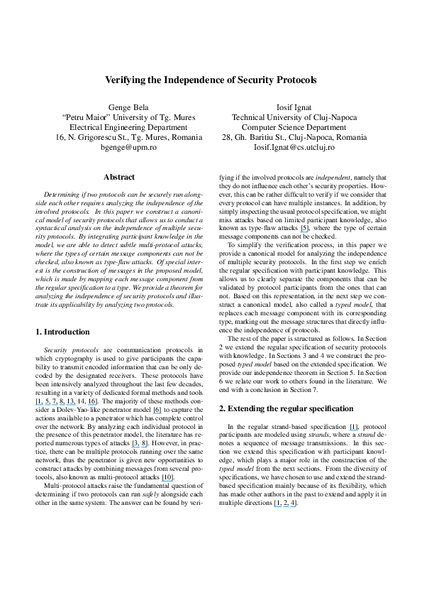 (PDF) Verifying the Independence of Security Protocols | Iosif Ignat - Academia.edu