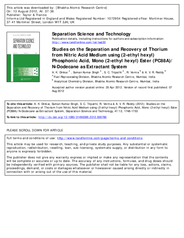 (PDF) Studies on the Separation and Recovery of Thorium from Nitric ...