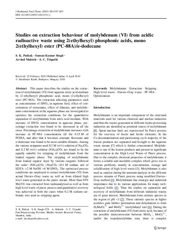 (PDF) Studies on extraction behaviour of molybdenum (VI) from acidic ...