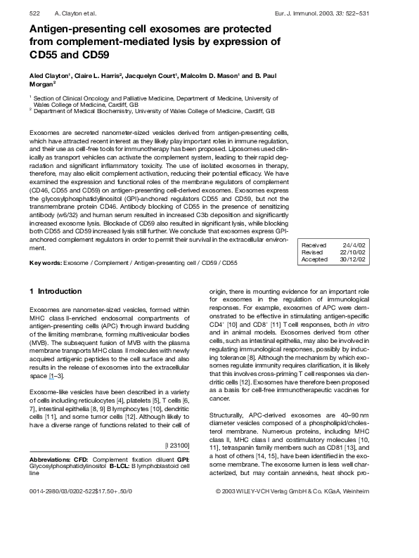 (PDF) Antigen-presenting cell exosomes are protected from complement-mediated lysis by ...