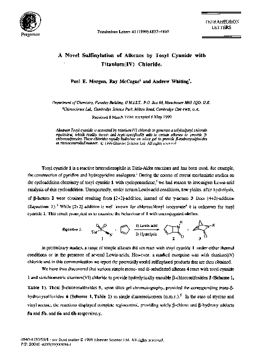 (PDF) A novel sulfinylation of alkenes by tosyl cyanide with titanium ...