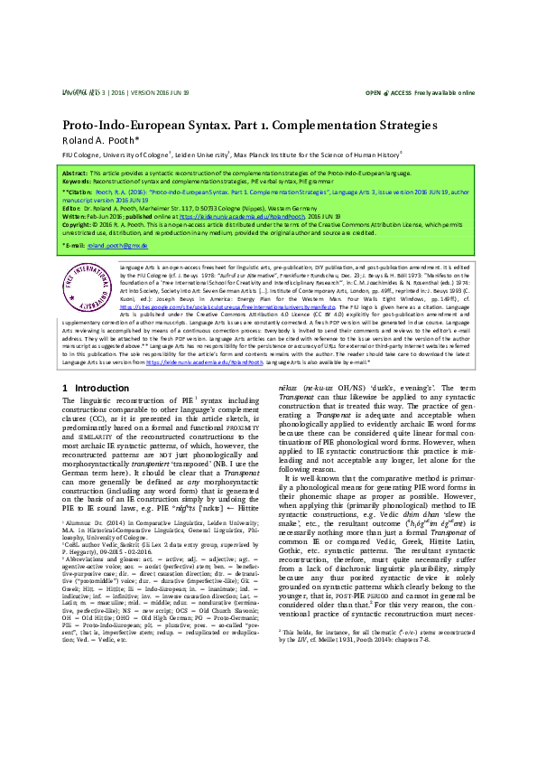 (PDF) Proto-Indo-European Syntax. Part 1. Complementation Strategies
