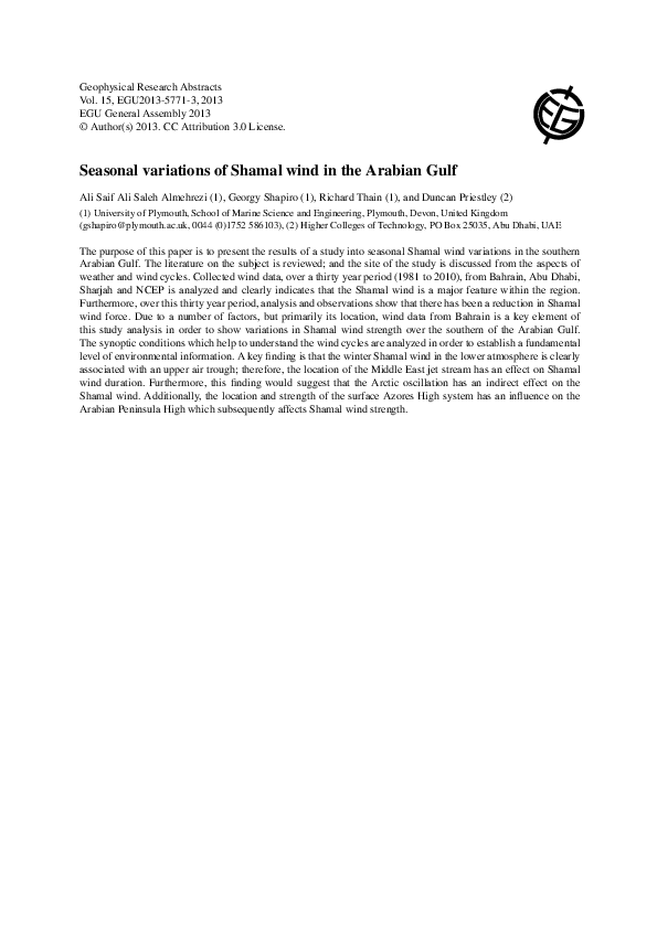 (PDF) Seasonal variations of Shamal wind in the Arabian Gulf | Duncan ...