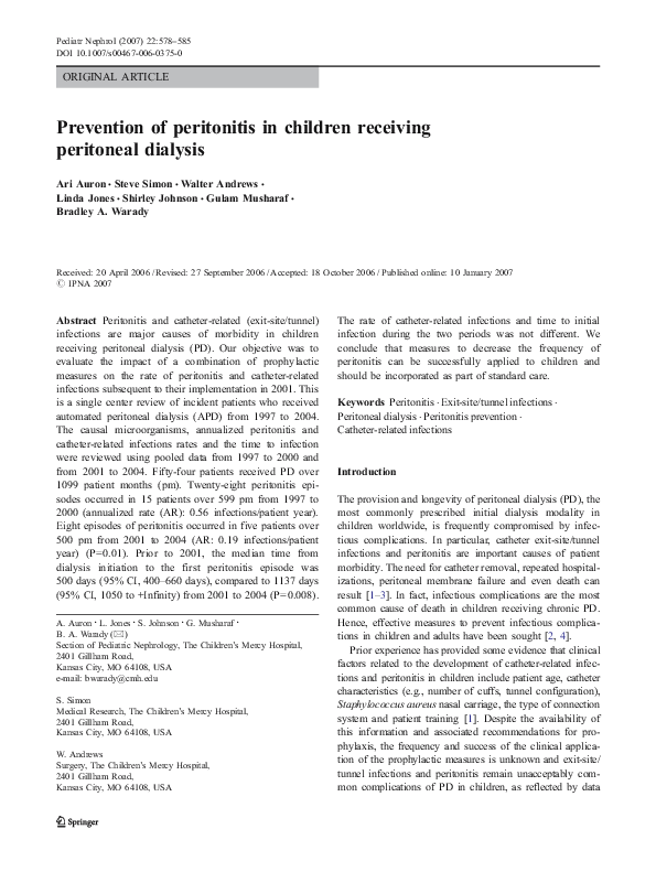 (PDF) Prevention of peritonitis in children receiving peritoneal dialysis
