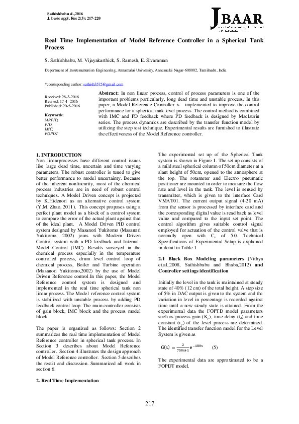 (PDF) Real Time Implementation of Model Reference Controller in a Spherical Tank Process