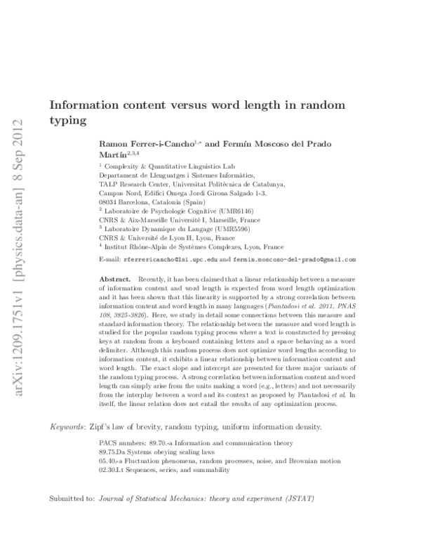 (PDF) Information content versus word length in random typing | Ramon ...