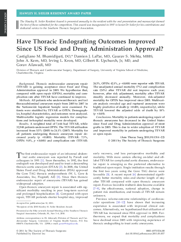 (PDF) Have Thoracic Endografting Outcomes Improved Since US Food and ...
