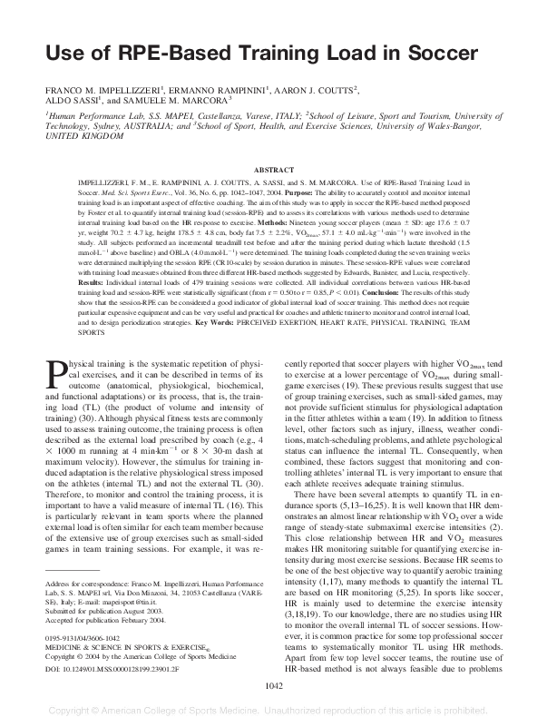 (PDF) Use of RPE-Based Training Load in Soccer