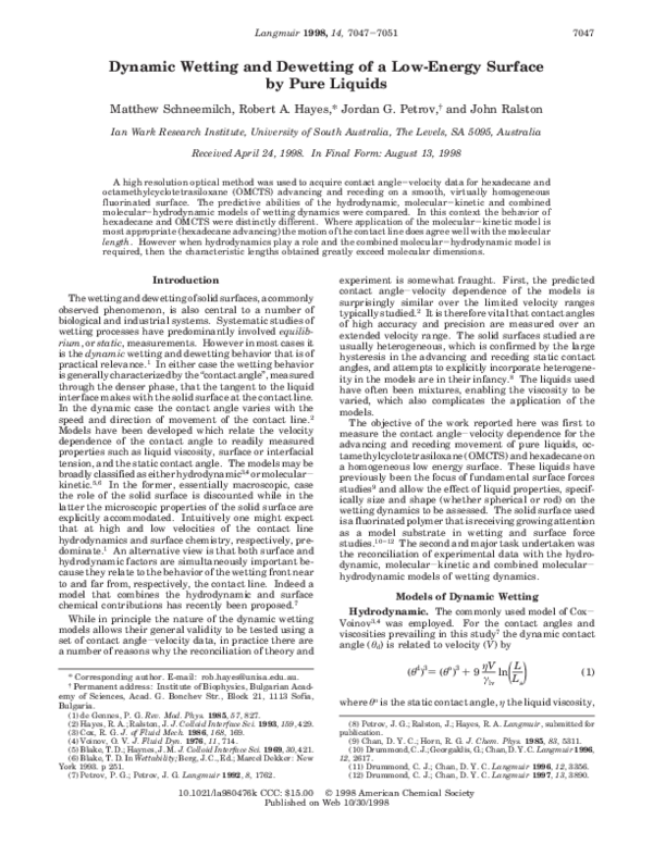 (PDF) Dynamic Wetting and Dewetting of a Low-Energy Surface by Pure Liquids