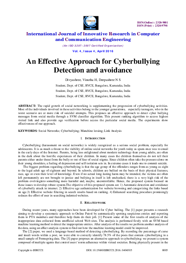 An Effective Approach for Cyberbullying Detection and avoidance