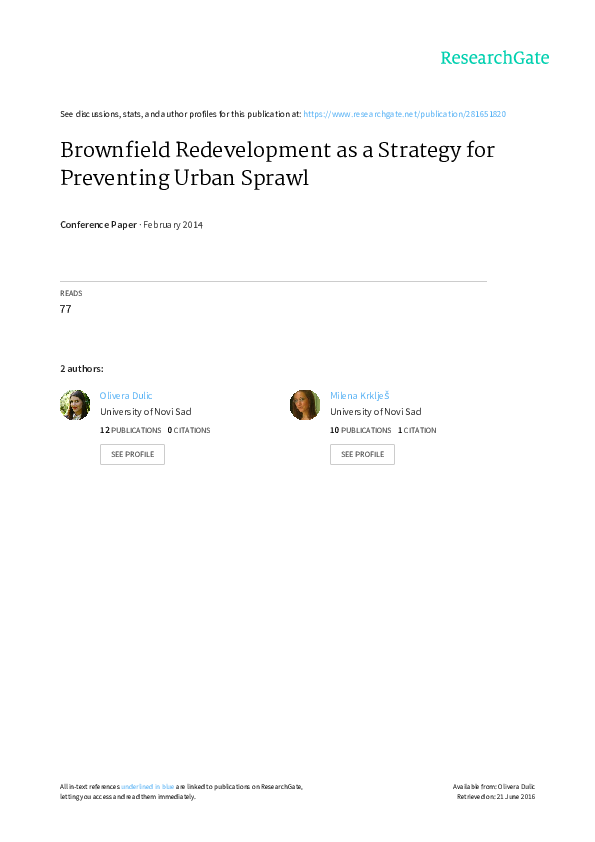 (PDF) Brownfield Redevelopment as a Strategy for Preventing Urban Sprawl