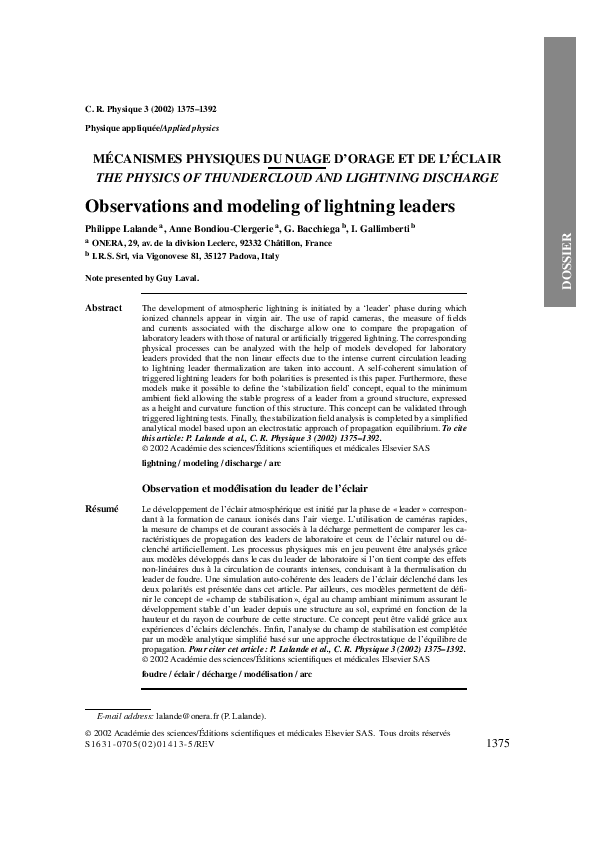 (PDF) Observations and modeling of lightning leaders | Gianluca ...