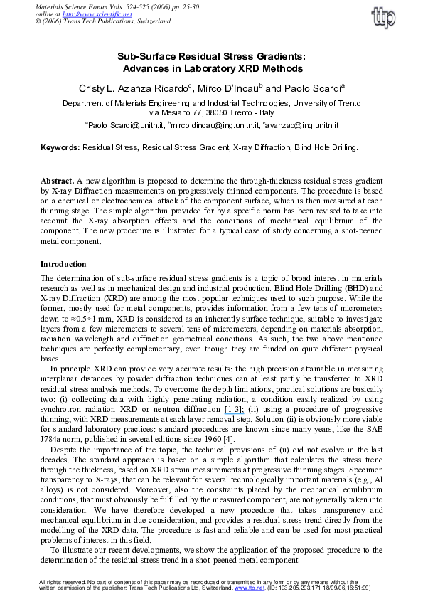 (PDF) SubSurface Residual Stress Gradients: Advances in Laboratory XRD Methods