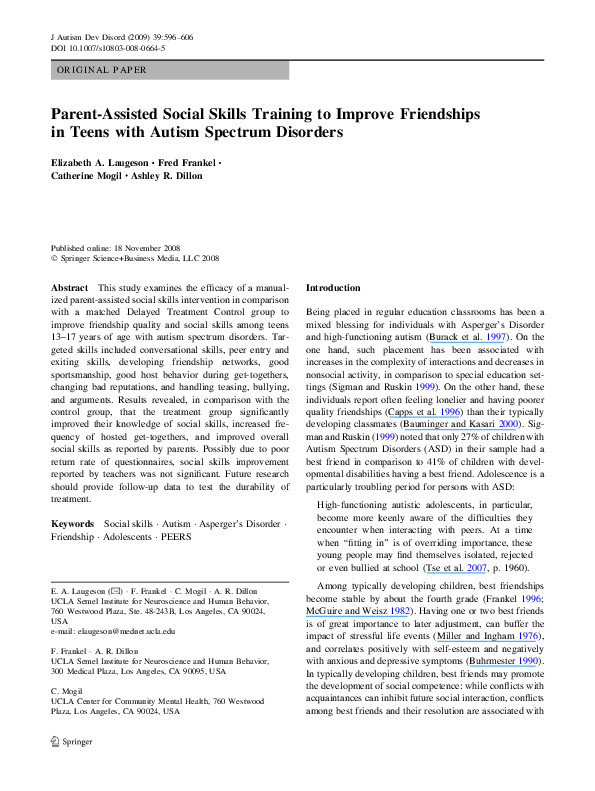 (PDF) Parent-Assisted Social Skills Training to Improve Friendships in ...