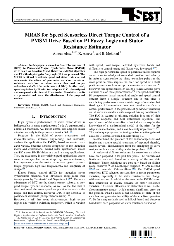 Pdf Mras For Speed Sensorless Direct Torque Control Of A Pmsm Drive Based On Pi Fuzzy Logic