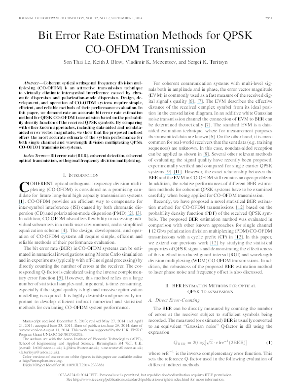 Pdf Bit Error Rate Estimation Methods For Qpsk Co Ofdm Transmission