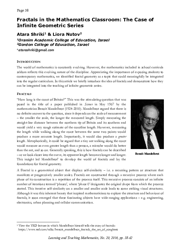 (PDF) Fractals in the Mathematics Classroom: The Case of Infinite ...