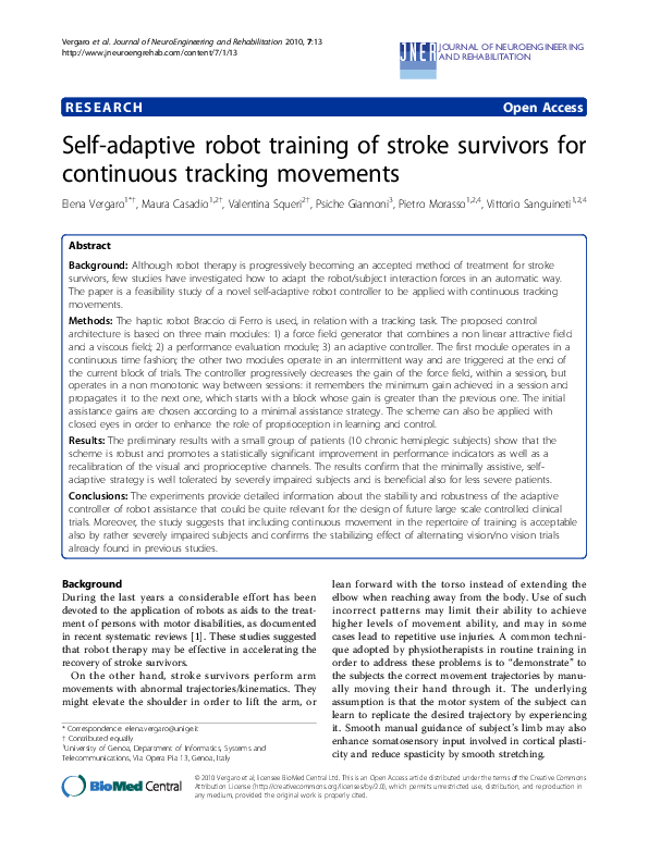 (PDF) Self-adaptive robot training of stroke survivors for continuous tracking movements