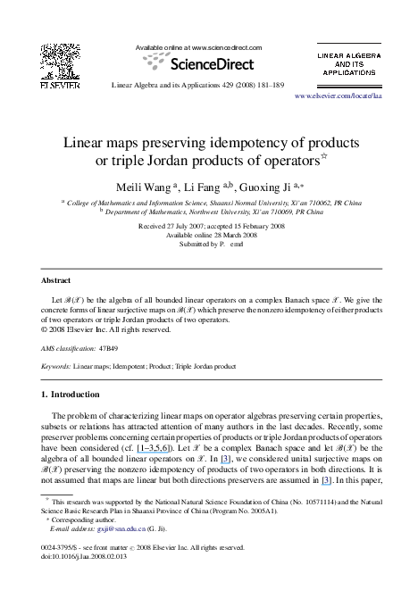 (PDF) Linear maps preserving idempotency of products or triple Jordan products of operators