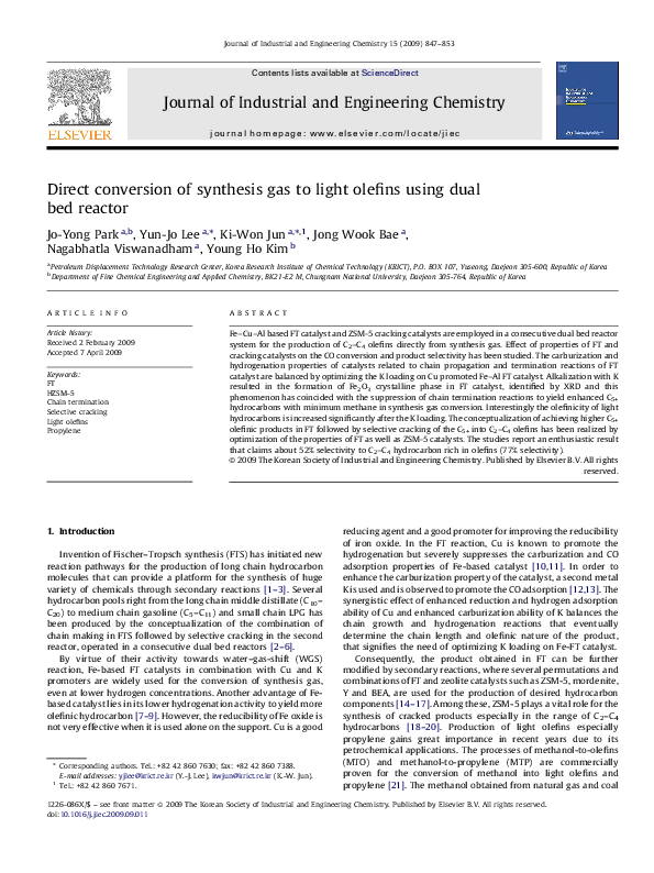 (PDF) Direct conversion of synthesis gas to light olefins using dual ...
