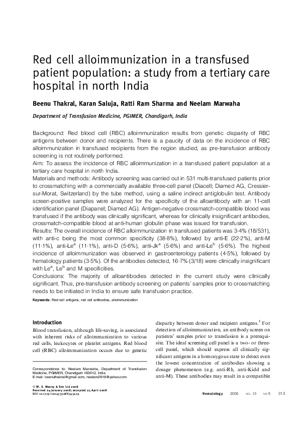 (PDF) Red cell alloimmunization in a transfused patient population: a ...
