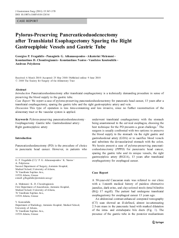 (PDF) Pylorus-Preserving Pancreaticoduodenectomy after Transhiatal ...