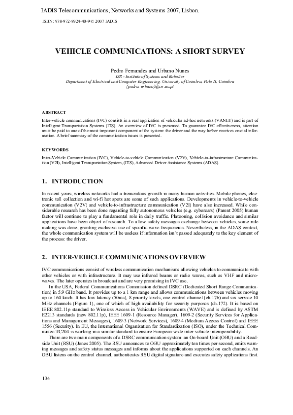 (PDF) Vehicle communications: A short survey