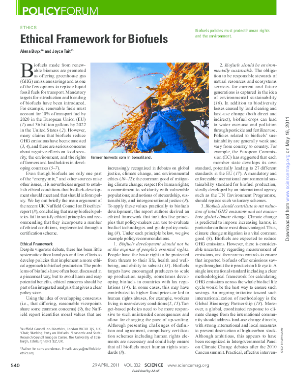 (PDF) Ethical Framework for Biofuels
