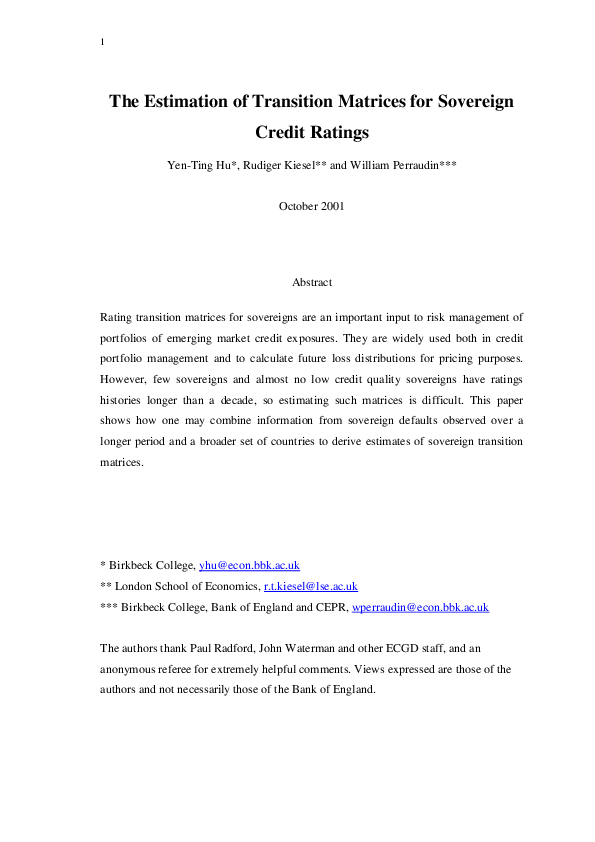 (PDF) The estimation of transition matrices for sovereign credit ratings