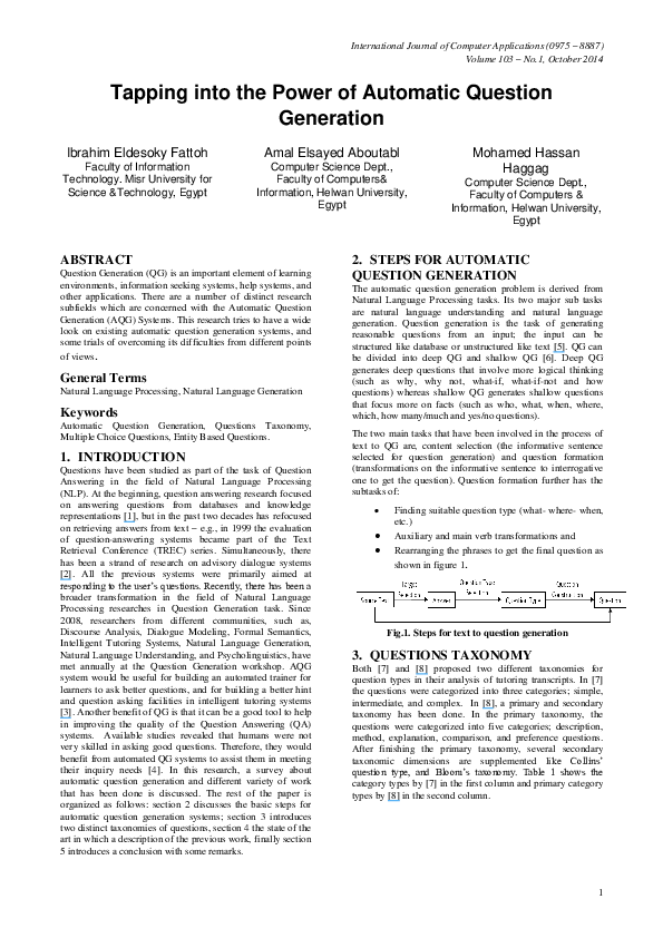 (PDF) Tapping into the Power of Automatic Question Generation
