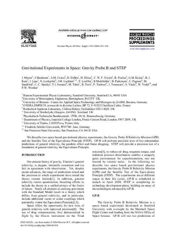 (PDF) Gravitational Experiments in Space: Gravity Probe B and STEP