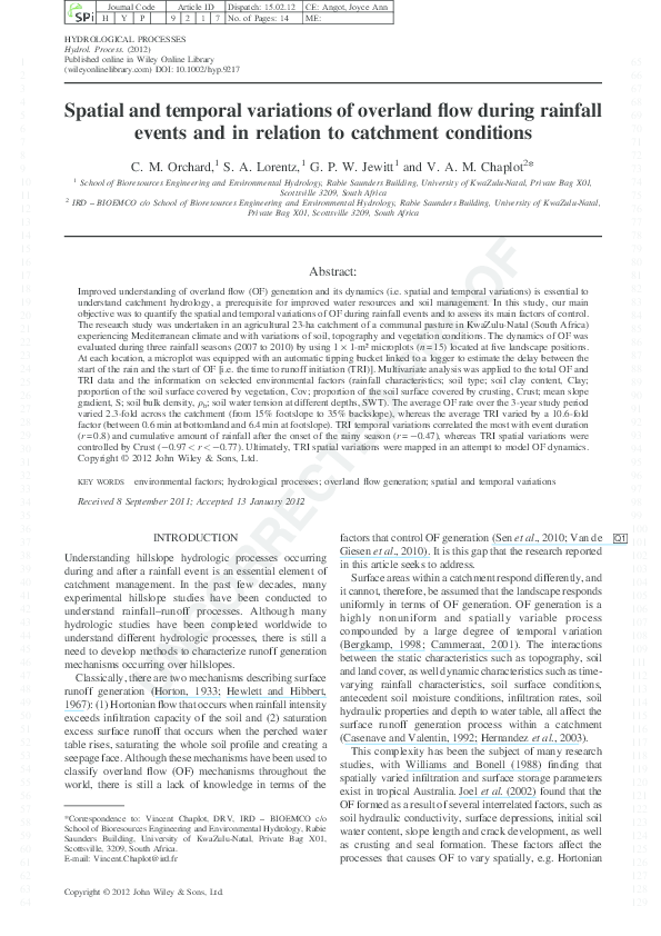 (PDF) Spatial and temporal variations of overland flow during rainfall events and in relation to ...