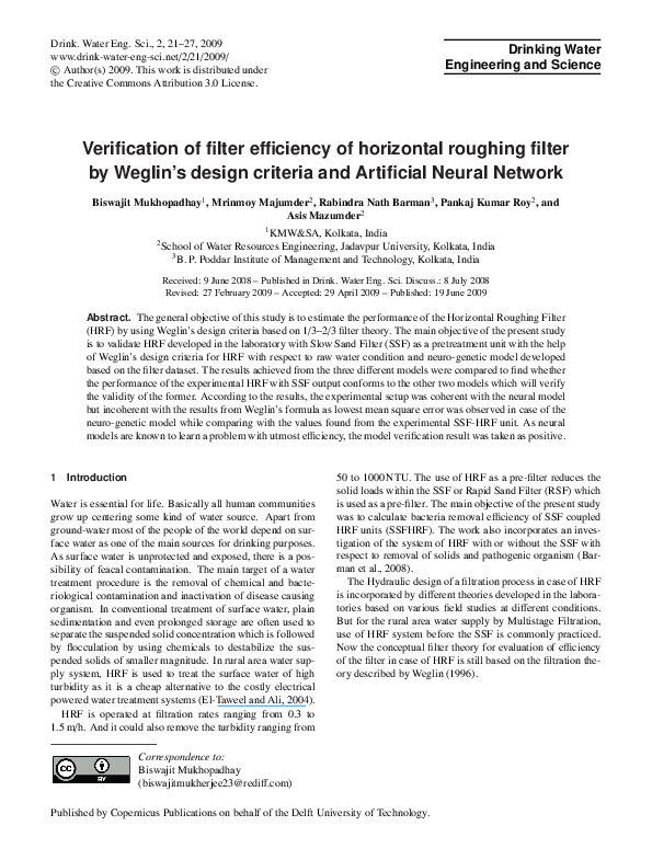 (PDF) Verification of filter efficiency of horizontal roughing filter ...
