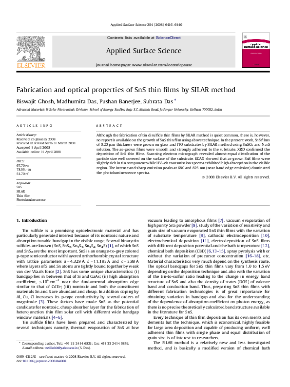 (PDF) Fabrication and optical properties of SnS thin films by SILAR method
