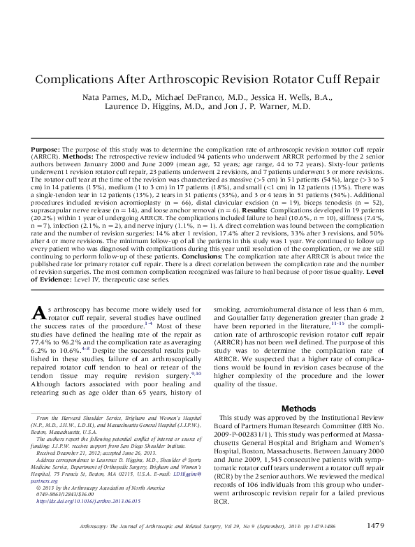 (PDF) Complications After Arthroscopic Revision Rotator Cuff Repair | Michael Defranco ...